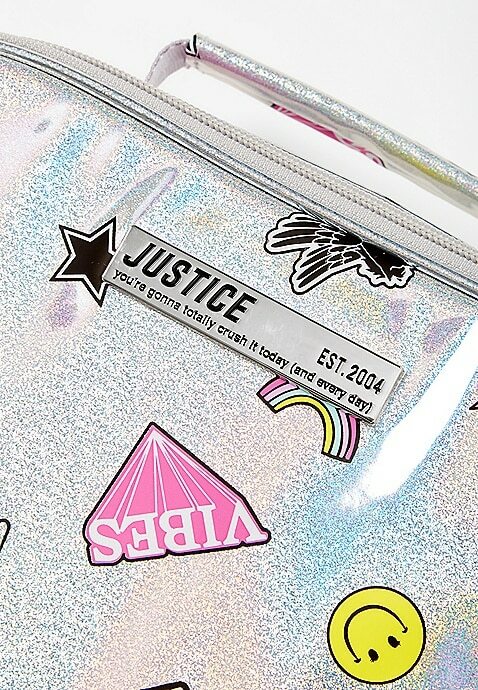 Justice Backpack, Lunch Box and Detachable Pencil Case Silver Stickers ...