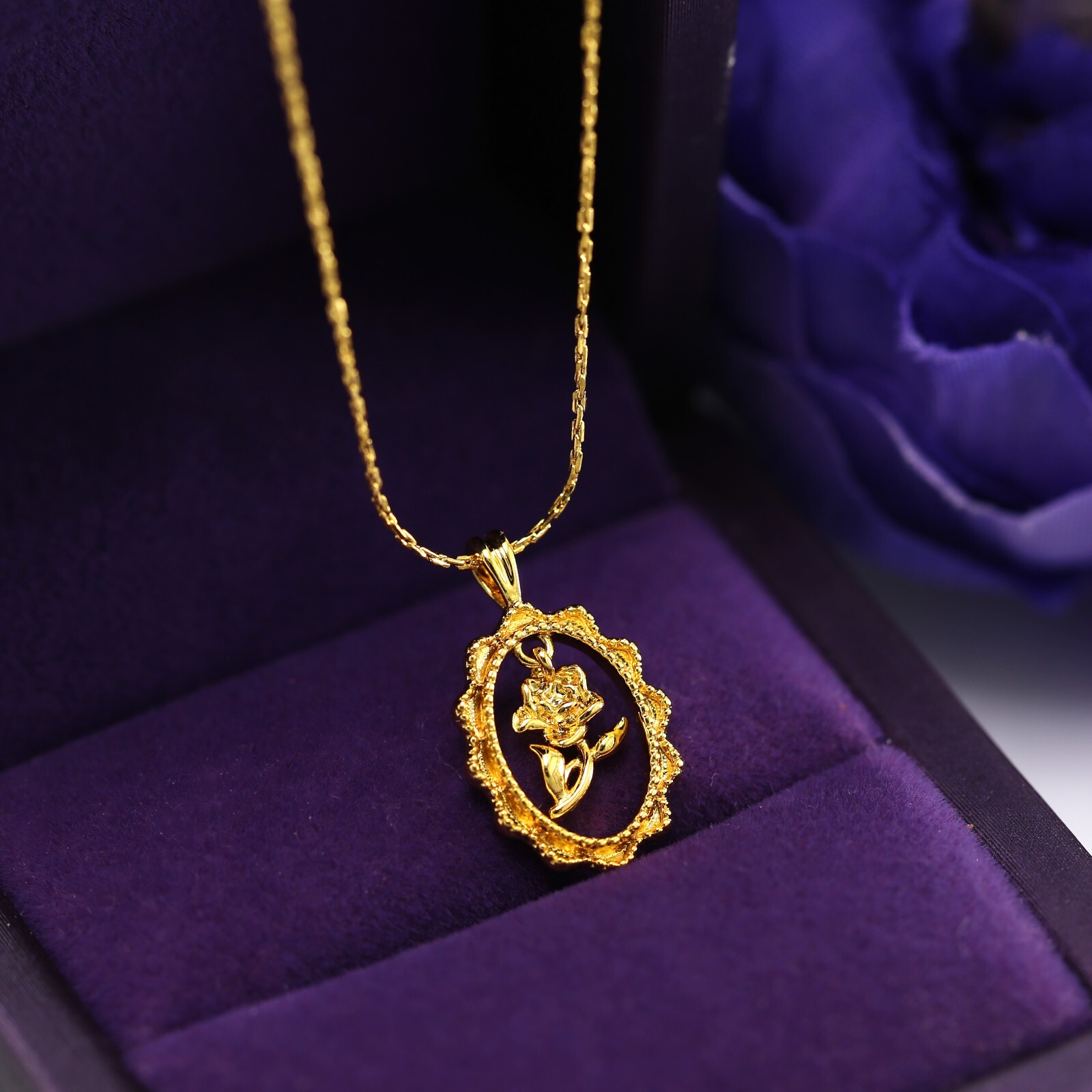 24K YELLOW GOLD GF FILIGREE VINTAGE ROSE FLOWER SMALL PENDANT CHAIN ...