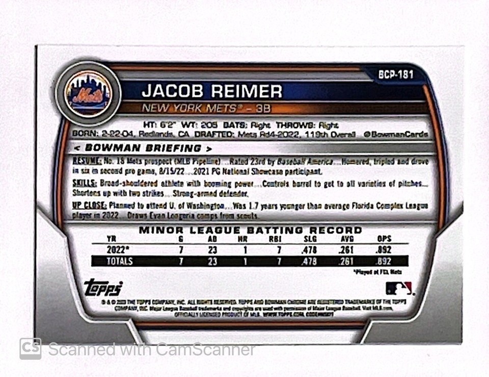 2023 Bowman Chrome Shimmer Refractor Jacob Reimer #BCP-181 Mets | eBay