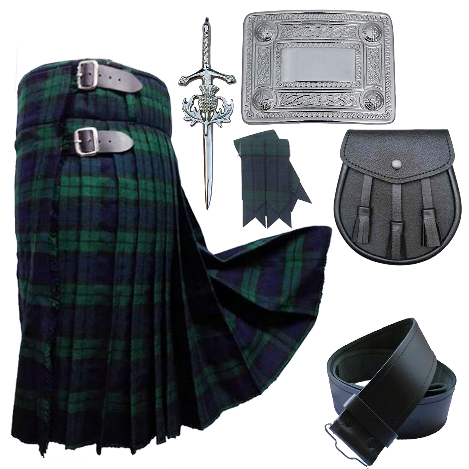Scottish Kilt Set Outfit 5Yards Black Watch Tartan Sporran 7pcs Acrylic ...