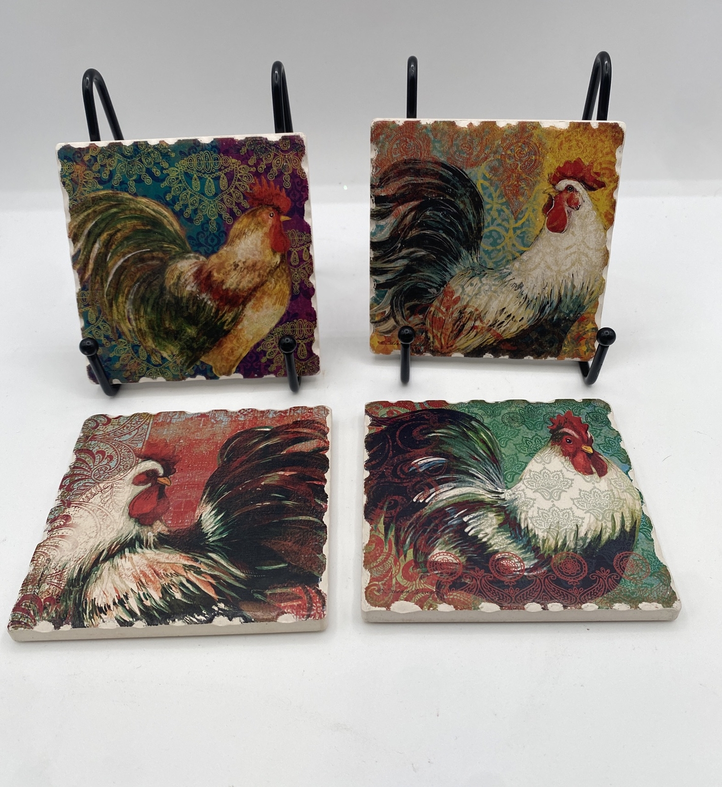 Decorative Rooster Coasters Set Of 4 Ceramic With Cork Backing | eBay