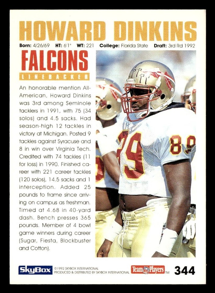 Howard Dinkins 1992 SkyBox Impact Rookie Card #344 Florida State | eBay