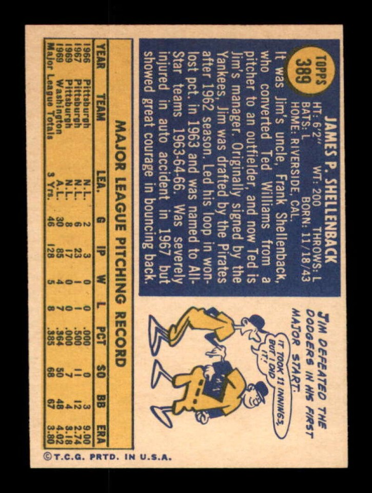 1970 Topps #389 Jim Shellenback EX/EX+ Senators 559153 | eBay
