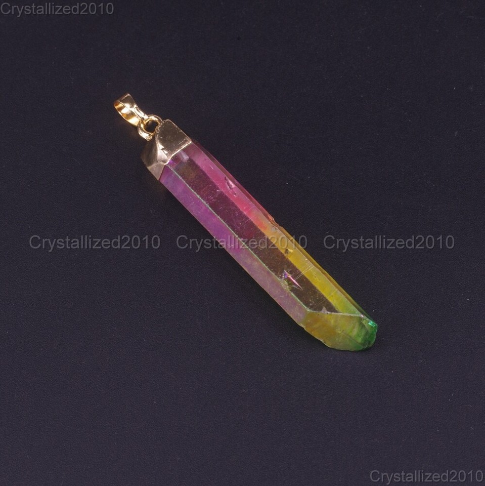 Natural Gemstone Crystal Quartz Rock Titanium Coated Pendant Necklace ...
