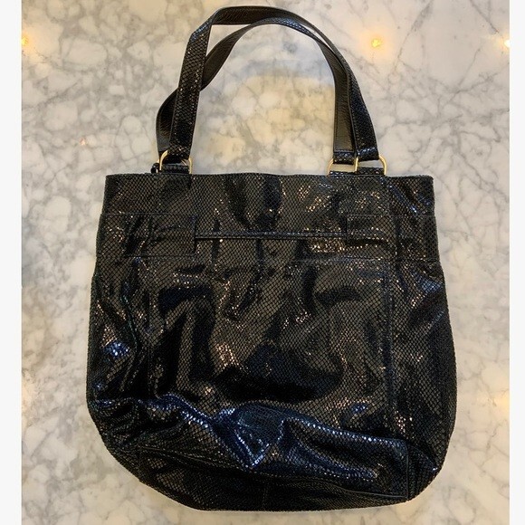 NWT Cole Haan Marabelle Drawstring Black Print Snake Large Leather Tote ...