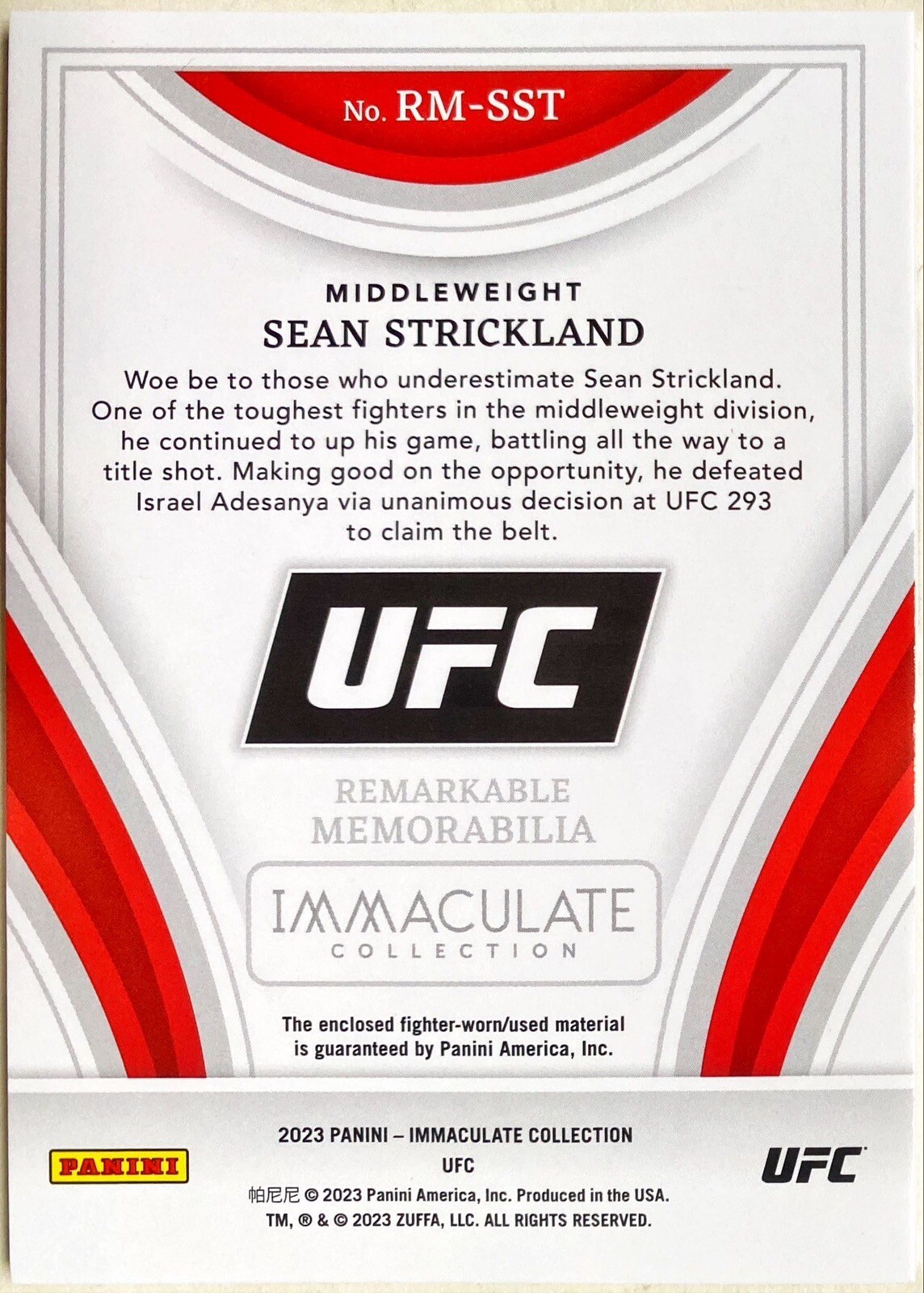 2023 Panini Immaculate UFC Sean Strickland Red Patch /25 Middleweight ...