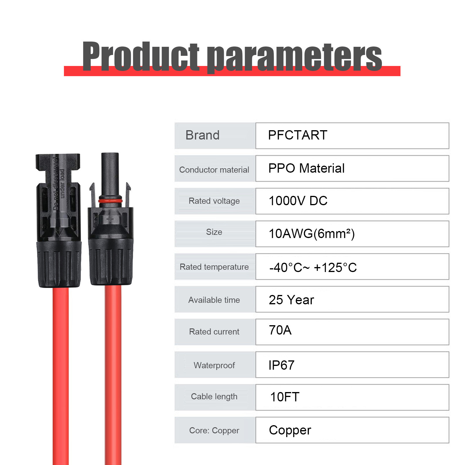 1 Pair Solar Panel Extension Cable Wire Black+Red 10 AWG Connector 6mm² ...