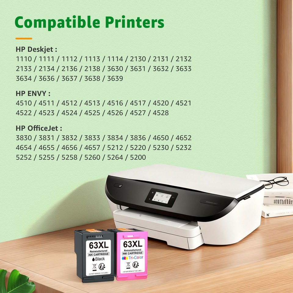 2 Pk 63XL Black Ink Cartridges for HP OfficeJet 4652 4655 Deskjet 1110 ...