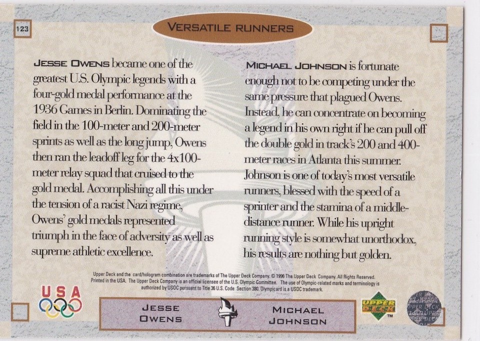 JESSE OWENS & MICHAEL JOHNSON 1996 Upper Deck Summer Olymicard TEAM USA ...