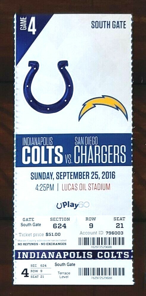 INDIANAPOLIS COLTS 2016 TICKET STUB v SAN DIEGO CHARGERS - MINT! | eBay