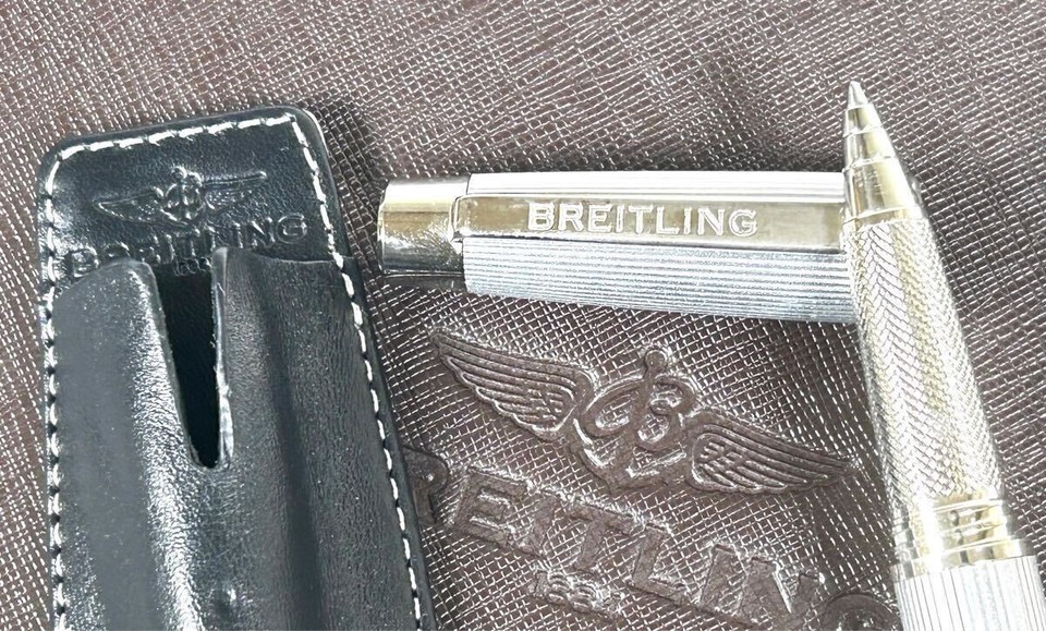 BREITLING Novelty Silver stripe metal Cap type Ballpoint Pen wz/Leather ...