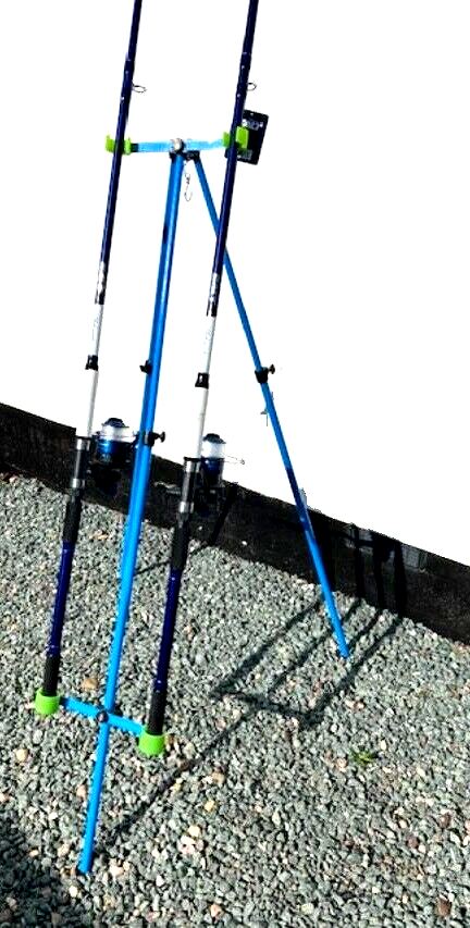 SEA FISHING TRIPOD BEACH ROD STAND FOR 2 X SEA FISHING RODS REELS BLUE ...