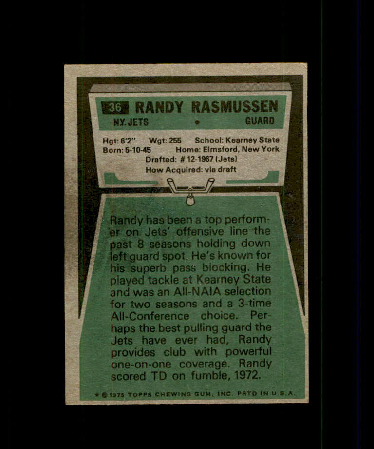 1975 TOPPS FOOTBALL CARD NEW YORK JETS #36 RANDY RASMUSSEN | eBay