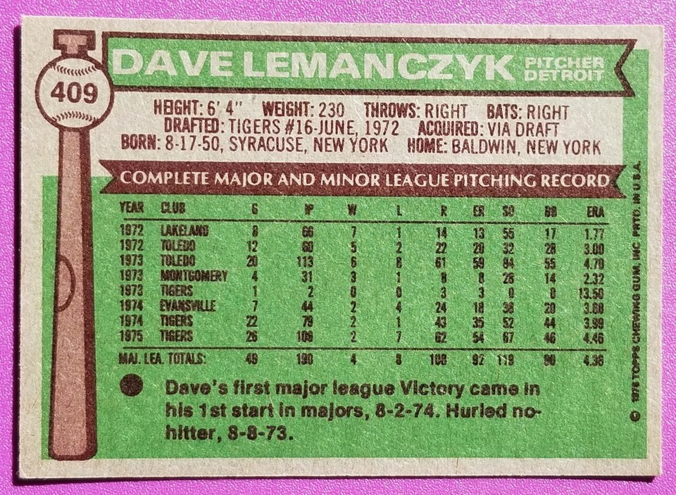 1976 TOPPS BASEBALL #409 DAVE LEMANCZYK -Tigers | eBay