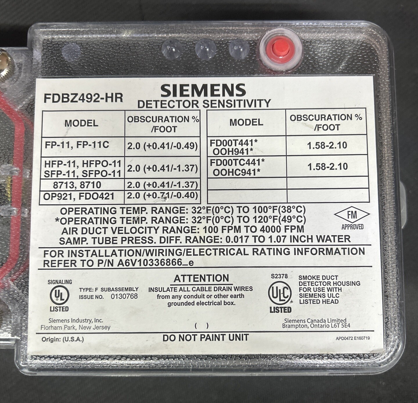 Siemens FDBZ492-HR Fire Alarm Duct Smoke Detector Housing | eBay