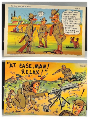 PC ~ 2 Linen WW2 Humor Soldier Rifle 1940's ~ Cartoon ~ C. T. Army ...