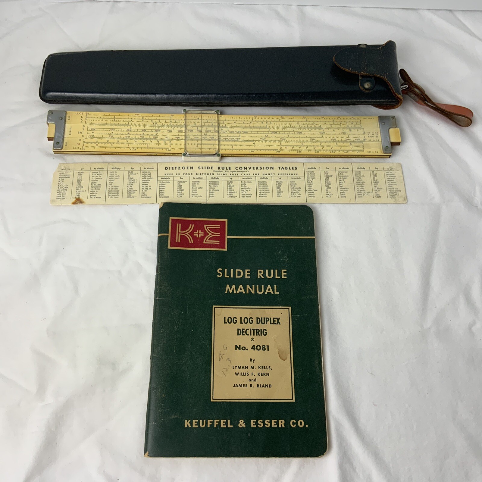 K & E 1947 Log Decitrig Slide Rule, Leather Case, Conversion Table ...