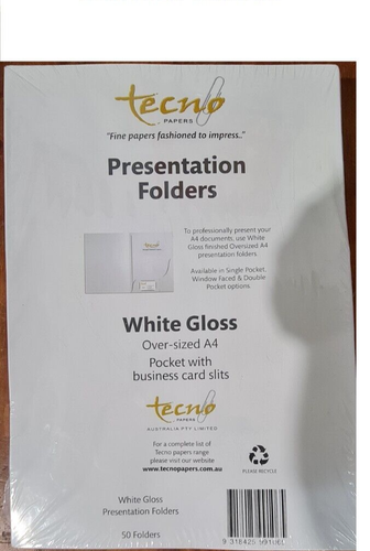 50x Tecno Presentation Folders White Over-sized Gloss A4 Insert Pocket ...