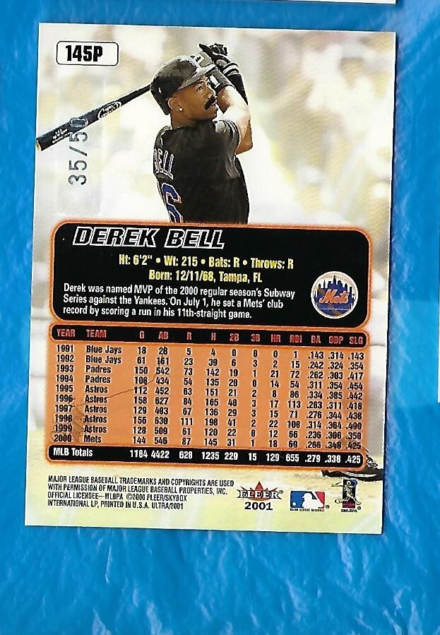 DEREK BELL 2001 FLEER ULTRA PLATINUM MEDALLION EDITION #145P NEW YORK ...