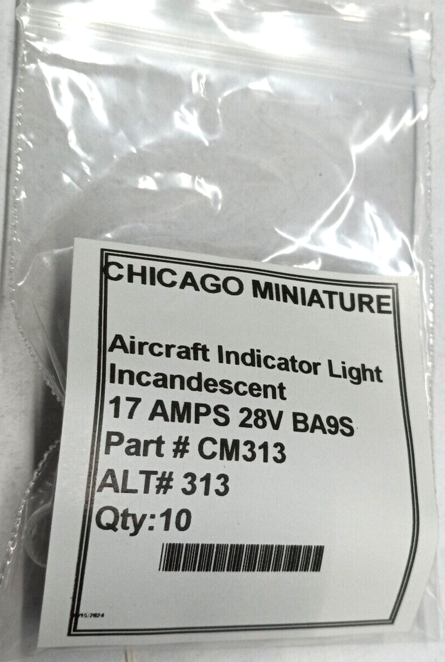 CHICAGO MINITURE P/N CM313 Indicator Light Incandescent 17 AMPS 28V (10 ...