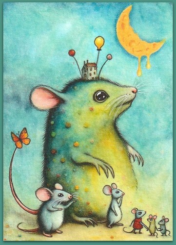 ACEO watercolor painting - mouse mice giant whimsical fantasy surreal ...