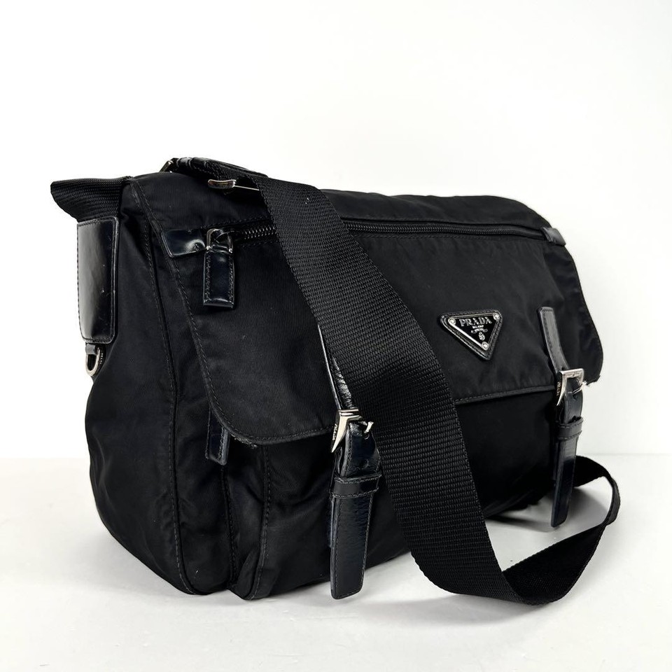 PRADA Nylon Leather Messenger Shoulder Bag Black Triangle Logo USED 707D | eBay