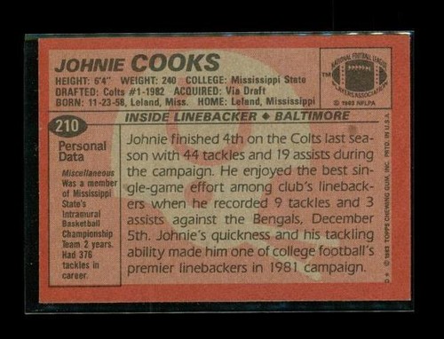 Vintage 1983 TOPPS Football Trading Card #210 JOHNIE COOKS Baltimore ...