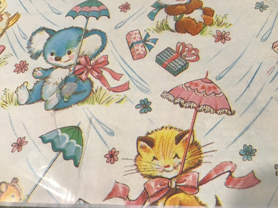 VTG Hy-Sil Baby Shower Gift Wrap Ducks Bunnies Kittens Bears Umbrellas ...