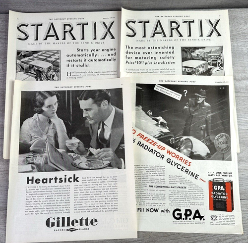 Vtg 1931 Lot of 4 Sat Eve Post Art Deco Print Ads Gillette, G.P.A ...