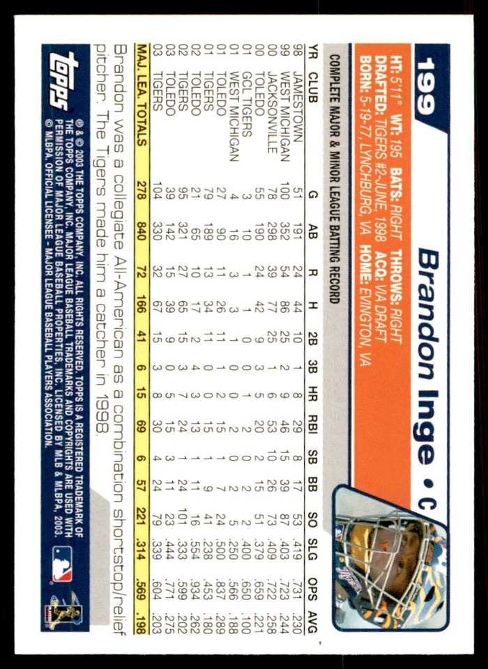2004 TOPPS TRADED BRANDON INGE DETROIT TIGERS #199 | eBay