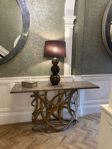 Porta Romana Elliptical Miro Console table beige marble gilt gold base ...