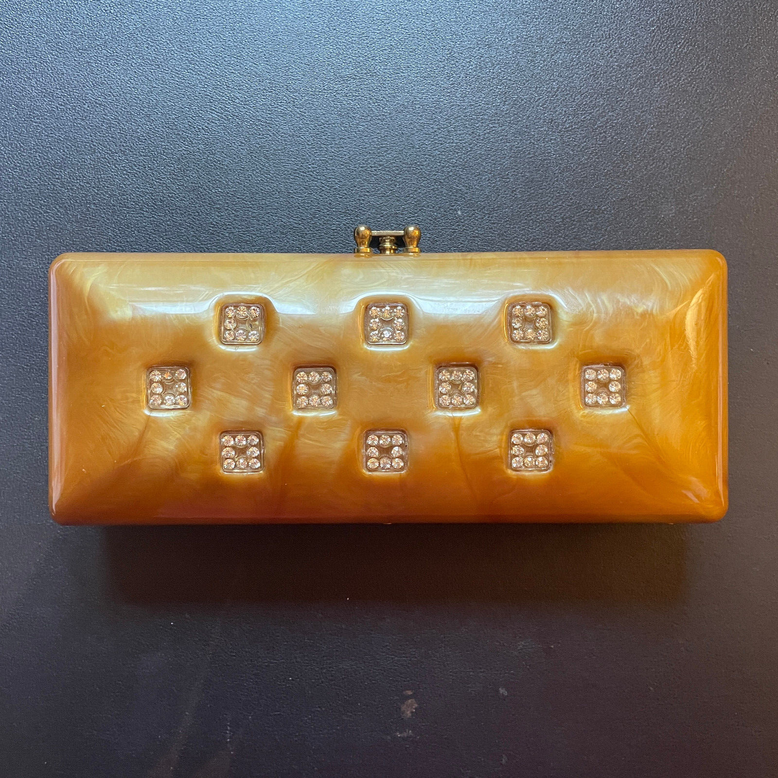 1950s Vintage Caramel Lucite Clutch With Rhinestone I… - Gem