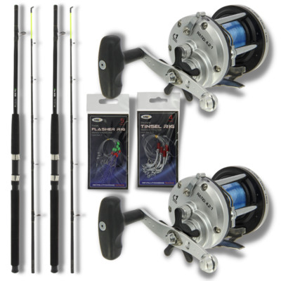 2 x BOAT RODS 6ft MULTIPLIER REELS SET WITH SEA FISHING FEATHERS BOAT ...