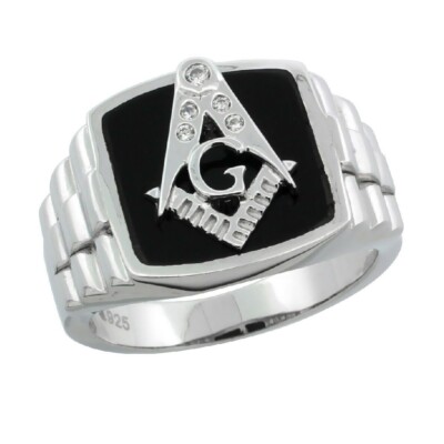 Men's Sterling Silver Black Onyx MASONIC Ring w/ Cubic Zirconia Stones ...