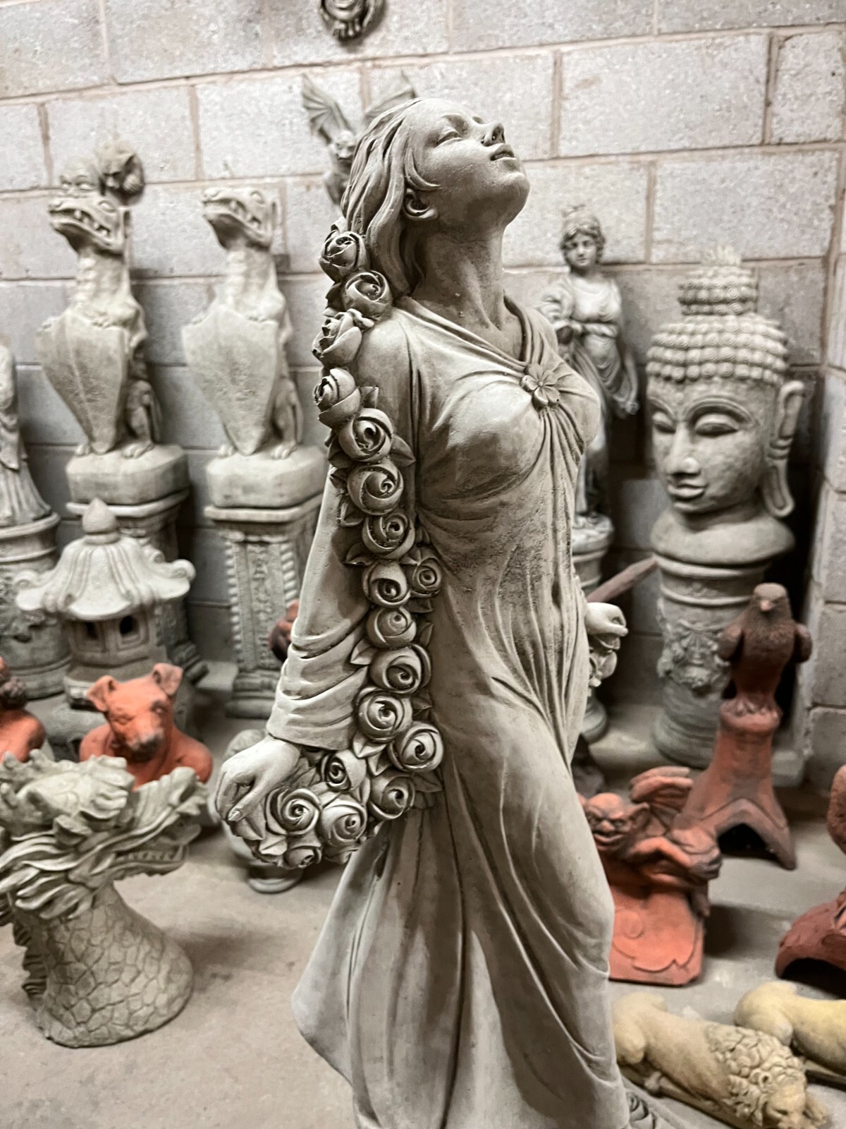 Our Lady Of Roses statue with stunning pedestal, concrete garden ...
