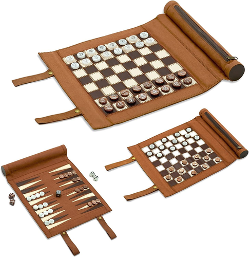 Upgraded 3 in 1 Backgammon Chess Checkers Set, Roll up Travel Game Set ...