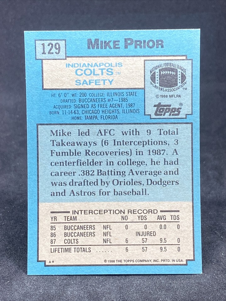 MIKE PRIOR 1988 Topps NFL Football #129 COLTS | eBay