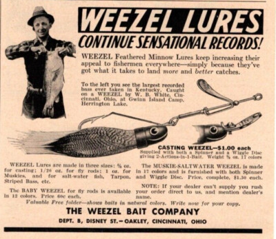 1938 WEEZEL FISHING LURE AD , CASTING WEEZEL FEATHERED MINNOW VTG PRINT ...