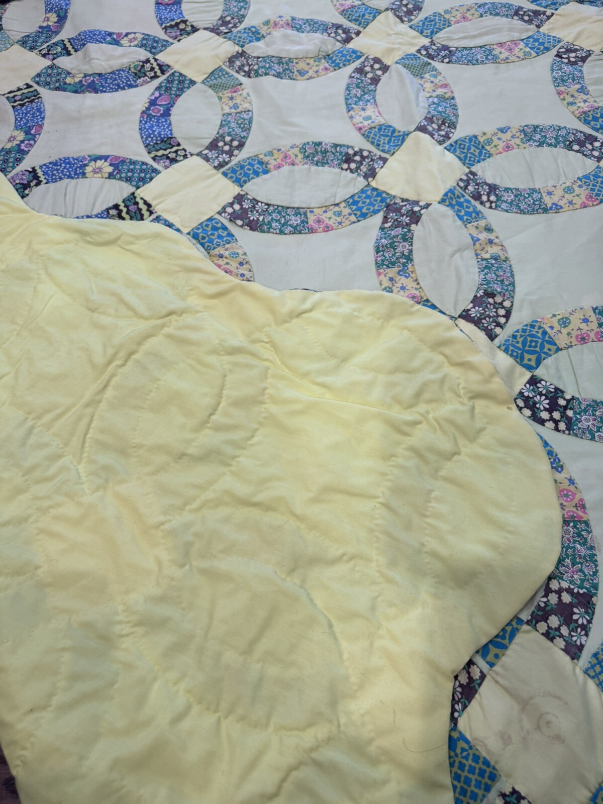 VTG ANTIQUE ORIGINAL HANDMADE DOUBLE WEDDING RING PATTERN QUILT 75x100 ...