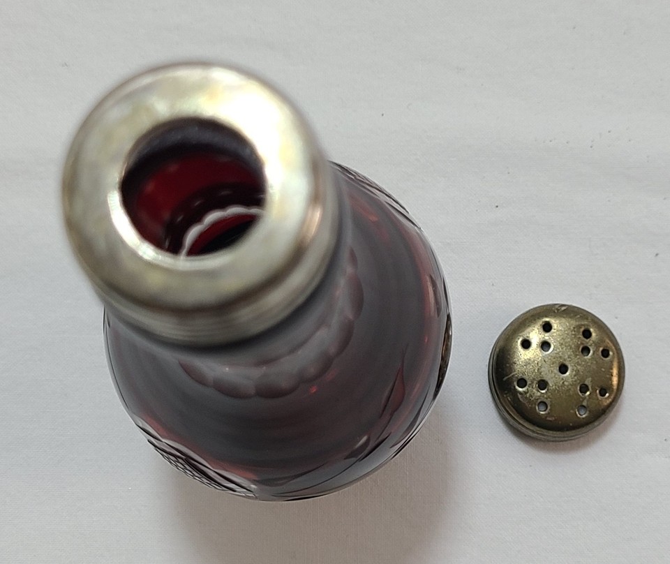Cruet Set Salt Pepper Cranberry Ruby Bottle Insert Etched Rose Vintage ...