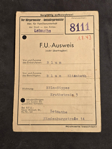 BLUM Family Polizei file Third Reich FU AUSWEIS 1944 document WWII WW2 ...