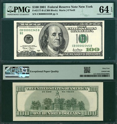 2001 $100 Federal Reserve Ladder Note FR-2177B PMG CU64EPQ CB00002345B ...