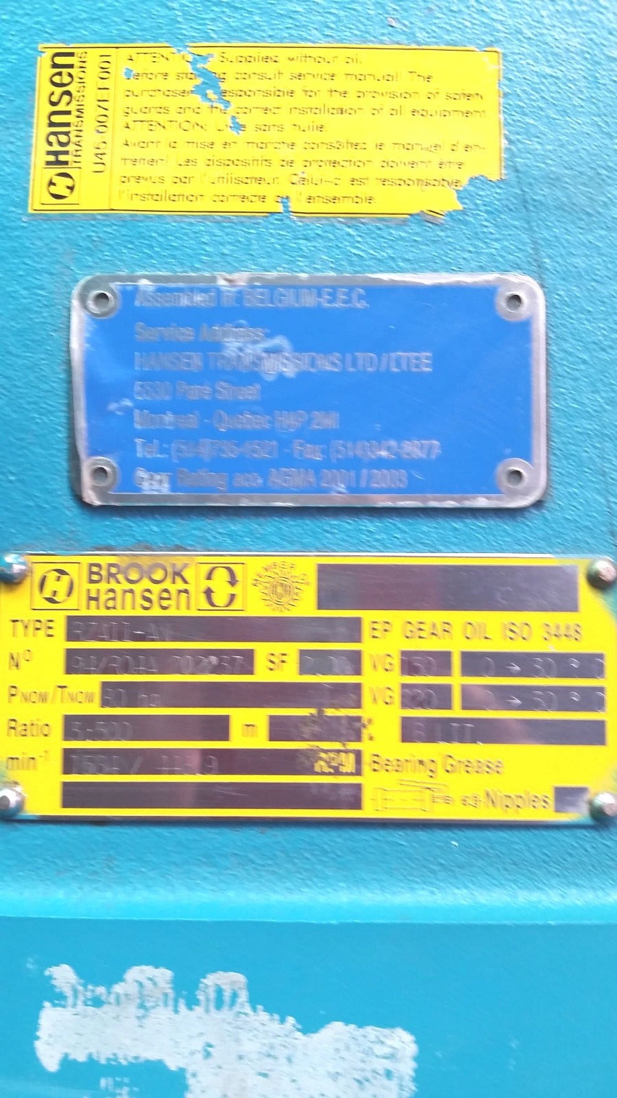 Brook Hansen Gear Box RZA11-AN, 80HP 446.9 RPM No. - 94 / R04A 202237 ...