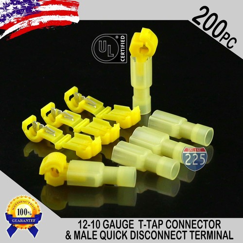 (200) T-Taps + Male Disconnect Wire Connectors Yellow 12-10 Gauge ...