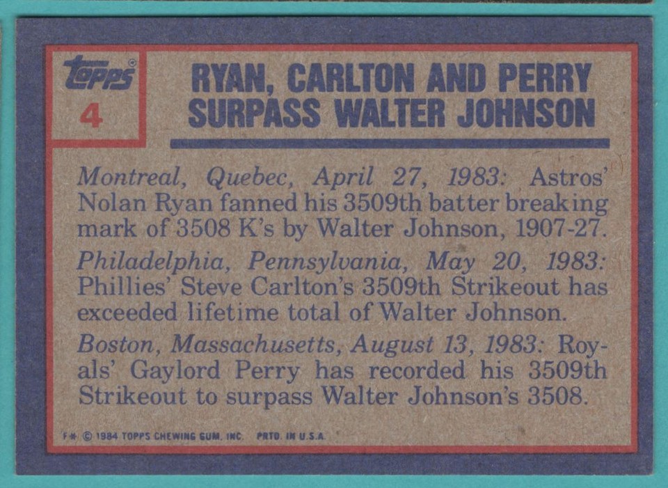 1984 Topps Steve Carlton/Gaylord Perry/Nolan Ryan Houston Astros ...