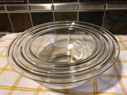 Vtg 80s Pyrex Mixing Bowl Set of 3 Bakeable Tempered Classic Clear ...