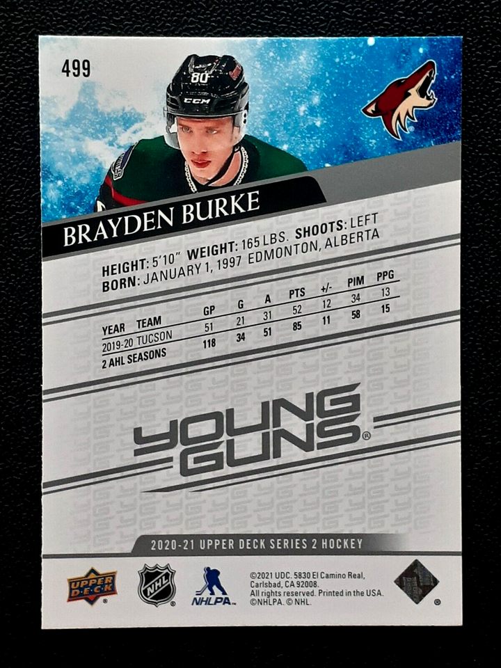 BRAYDEN BURKE RC YOUNG GUNS 2020-21 UPPER DECK 20-21 NO 499 32288 | eBay
