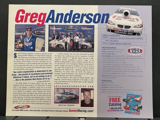 VRHTF VINTAGE NHRA "SIGNED BY GREG ANDERSON SUMMIT PRO STOCK" HAND OUT ...