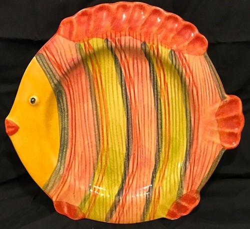 Hand Painted Fish Shaped Plate Made in Italy Stripes Striped ~12" (#3F ...