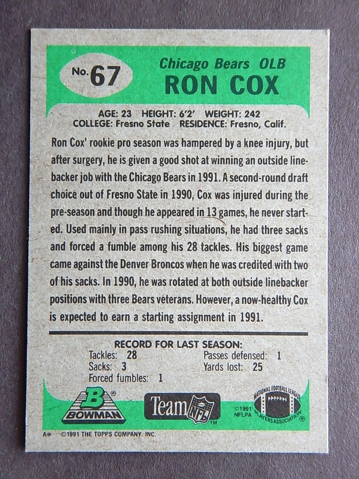 Ron Cox #67 Bowman 1991 Football Card (Chicago Bears) VG | eBay